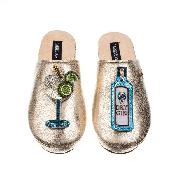 LAINES LONDON Softie Slippers With Sapphire Gin Brooches - Gold