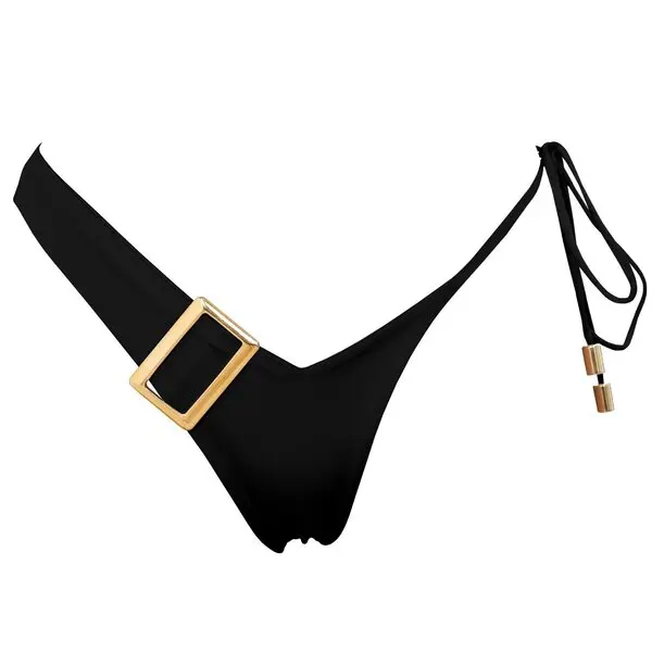 ANTONINIAS Dulcet Double Layered Asymmetric Bikini Bottom With Golden Details - Black
