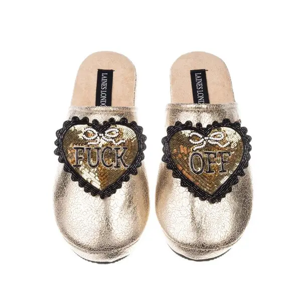 LAINES LONDON Softie Slippers With Embroidered Heart Brooches - Gold