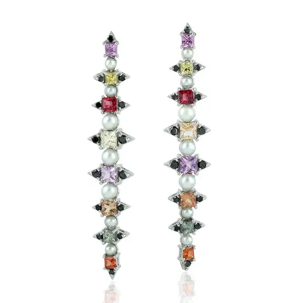 ARTISAN Multi Sapphire, Pearl & Diamond Drop Earrings In 18k Gold - White