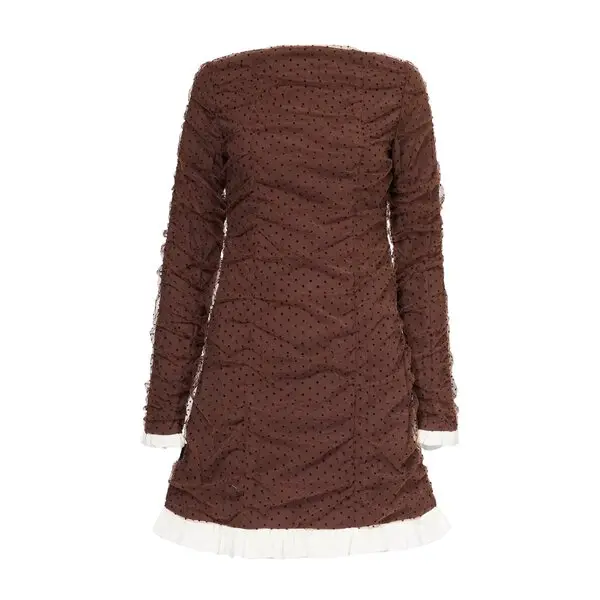 AMY LYNN Black / White / Brown Edie Brown Polka Swiss Dot Ruffle Hem Mini Dress - Black/white/brown