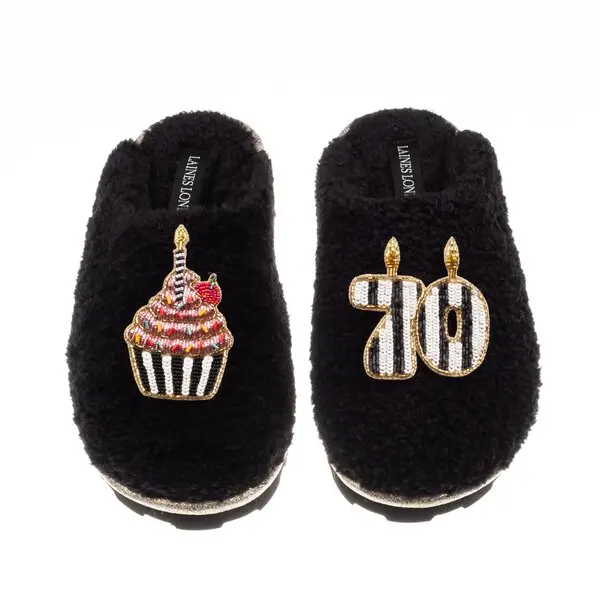 LAINES LONDON Teddy Closed Toe Slippers With Stripe 70th Birthday & Cake Brooches - Black