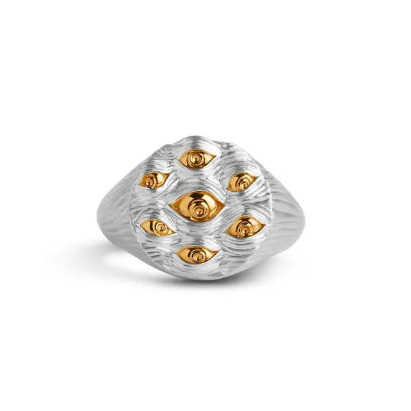 KASUN LONDON Eyes Of Many Signet Ring & Gold Plated Eyes - Silver
