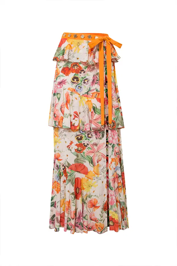 LUNA B Sally Printed Floral Maxi Skirt - Beige