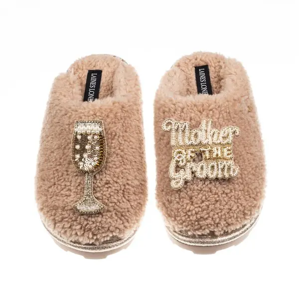 LAINES LONDON Neutrals Teddy Closed Toe Slippers With Mother Of The Groom Brooches Toffee - Brown
