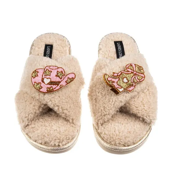 LAINES LONDON Neutrals Laines Neutral Boucle Slippers With Cowgirl Hat & Cowgirl Boots Brooches Oatmeal - Brown