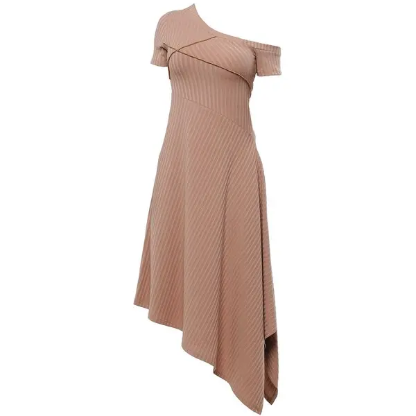 METAMORPHOZA Open Shoulder Asymmetrical Dress In Camel - Brown