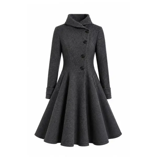NIKKA PLACE Wool Winter Princess Coat With Buttons In Dark Gray Color - Grey
