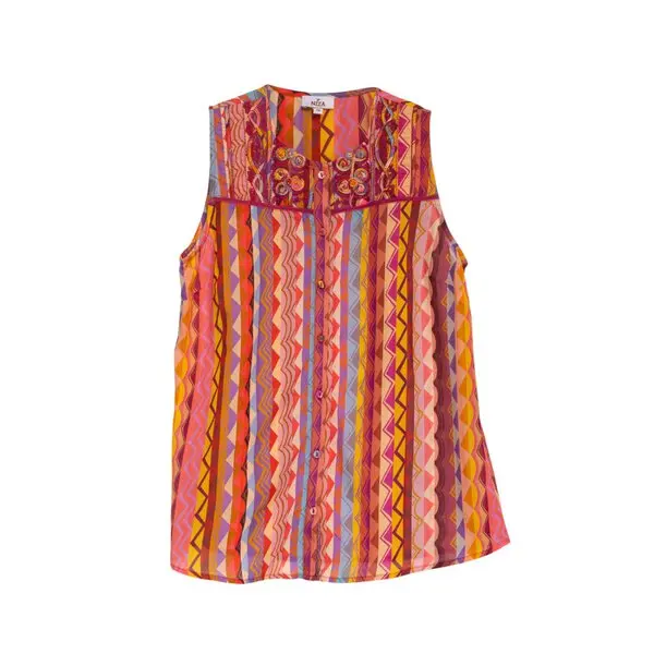 NIZA Striped Blouse With Lace-up Neckline And Long Sleeves - Red
