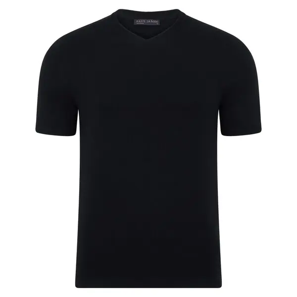 PAUL JAMES KNITWEAR Ultra Fine Cotton Hudsonn High V Neck Knitted T-shirt - Black