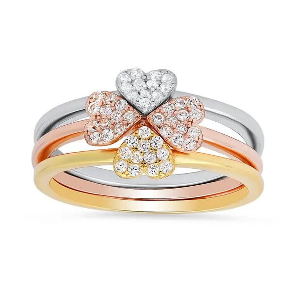 KYLIE HARPER Tri Color Three Pc Stackable Clover Heart Ring Set In Sterling Silver - Gray