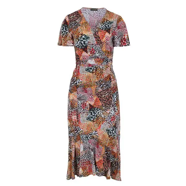 CONQUISTA Animal Print Ruffle Detail Wrap Dress - Orange