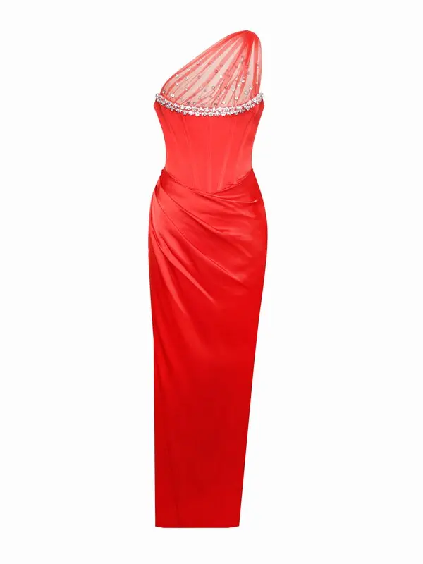 MISS CIRCLE NEW YORK Lora Scarlet Crystal Embellished Mesh Satin Corset Gown - Red