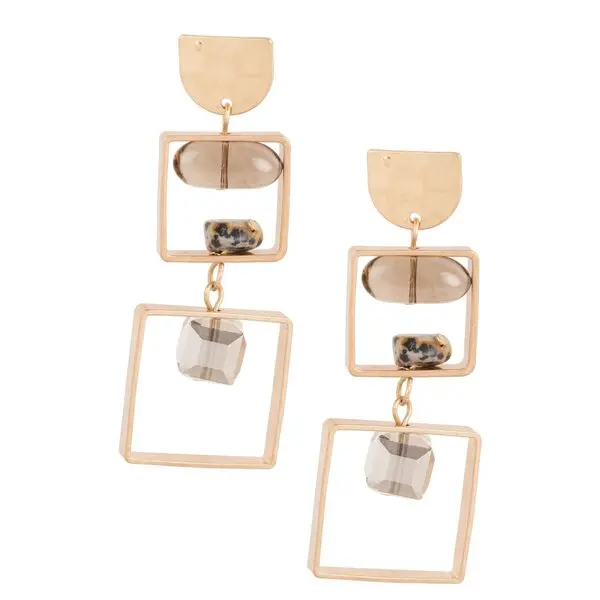 Saachi Bead And Stone Square Dangle Wood Earrings - Brown