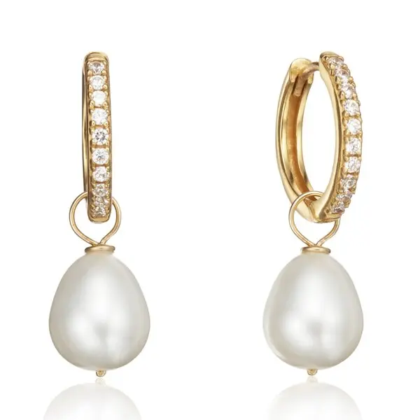 LILY & ROO Diamond Style Large Pearl Drop Hoop Earrings - Gold