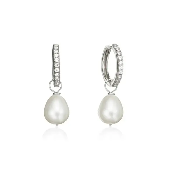 LILY & ROO Diamond Style Large Pearl Drop Hoop Earrings - Silver