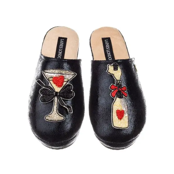 LAINES LONDON Softie Slippers With Popping Champagne Brooches - Black