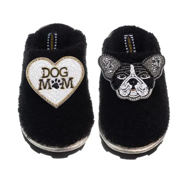 LAINES LONDON Teddy Closed Toe Slippers With Coco The Frenchie & Dog Mum / Mom Brooches - Black