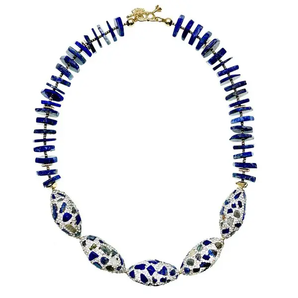 FARRA Lapis With Rhinestones Bordered Lapis Stones Short Necklace