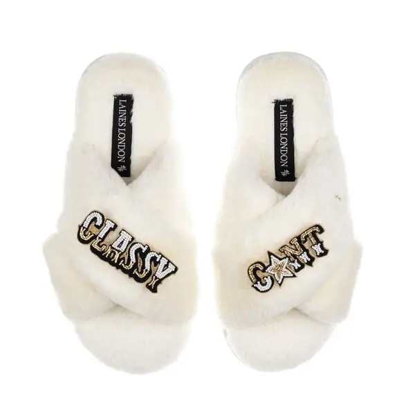 LAINES LONDON Neutrals / Classic Laines Slippers With Classy Cunt Brooches Cream - White