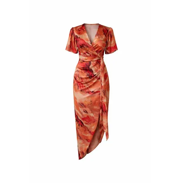 GIRL IN MIND Drew Puff Sleeve Wrap Front Midi Dress Abstract - Orange