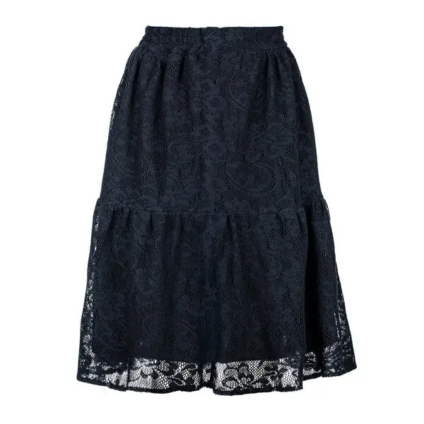 CONQUISTA Lace Jacquard Skirt – Soft Textured Polyester, Below Knee, Elastic Waist - Black