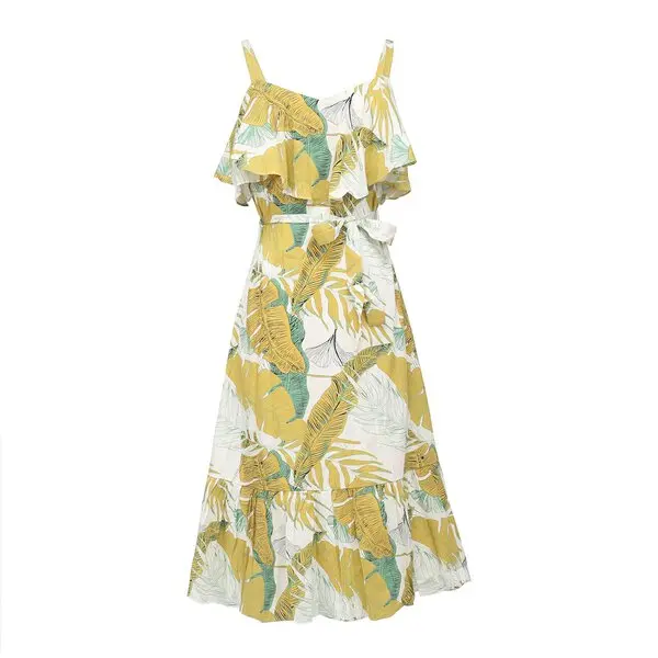 SMART AND JOY Tropical Printed Trapeze Dress With Ruffles And Thin Straps - Yellow