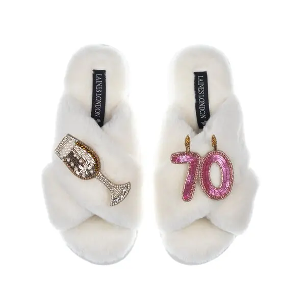 LAINES LONDON Classic Laines Slippers With 70th Birthday & Champagne Glass Brooches Cream - White