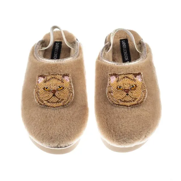 LAINES LONDON Brown / Gold / Neutrals Flatform Cloud Slippers With Double Ginger Persian Cat Brooches Toffee - Brown/gold
