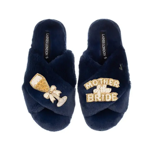 LAINES LONDON Classic Laines Slippers With Mother Of The Bride Brooches Navy - Blue