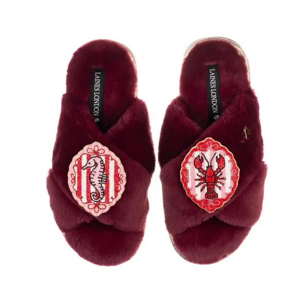 LAINES LONDON Classic Laines Slippers With Stripe Seahorse & Lobster Brooches Burgundy - Red