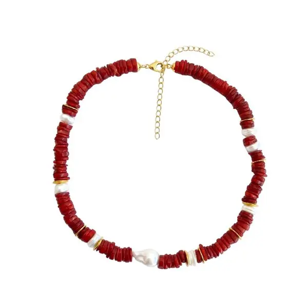 LINYA JEWELLERY Gold / Red Baroque Pearl Cylinder Red Coral Natural Stone Necklace - Gold/red