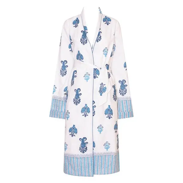 NOLOGO-CHIC Blue / White Botanical Shawl Robe Cotton Cambric White - Blue/white
