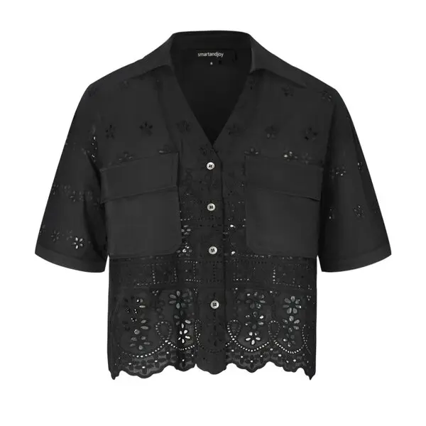 SMART AND JOY Embroidered Crop Shirt - Black
