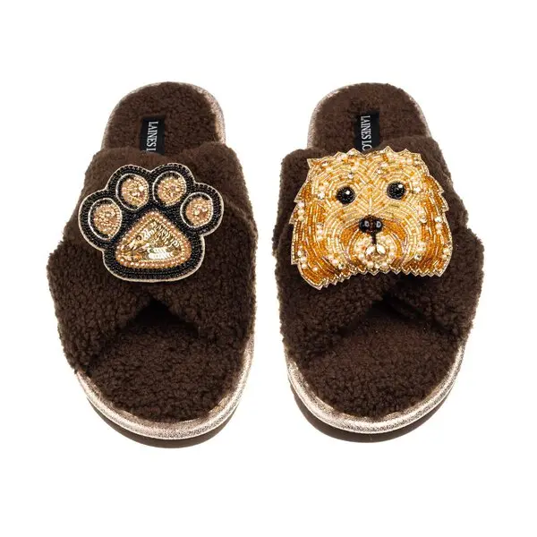 LAINES LONDON Neutrals Laines Neutral Boucle Slippers With Enki Doo The Cockapoo & Paw Brooches Chocolate - Brown
