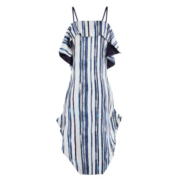 SMART AND JOY Stripe Print Cold Shoulder Dress - Blue
