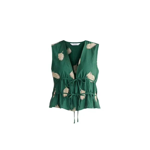 PAISIE Leaf Embroidered Tie Front Waistcoat - Green