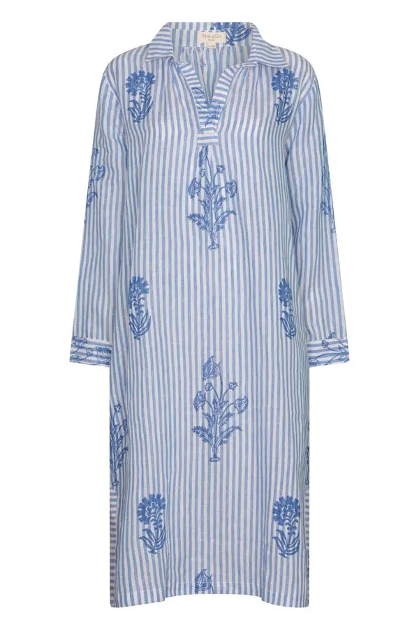 NOLOGO-CHIC Tourist Hand Printed Stripe Linen Tunic Dress And White - Blue