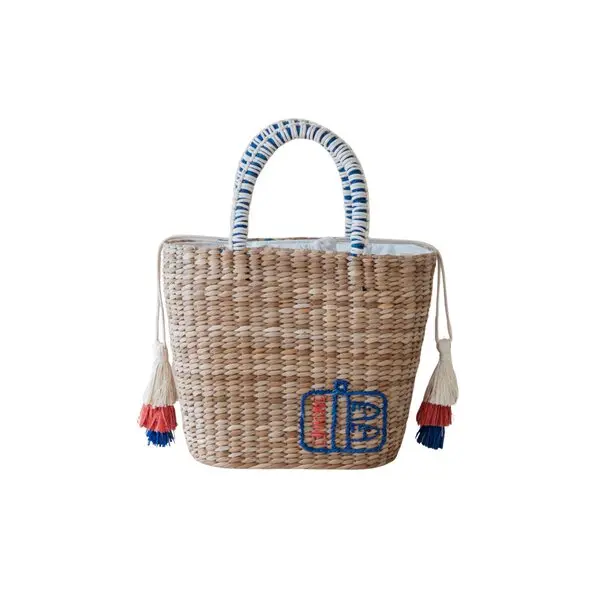 Likhâ Neutrals / Handwoven Seagrass Sardine Can Tote Bag With Tassels - Blue