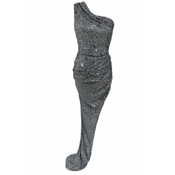 MONICE LONDON Mimi One Shoulder Asymmetric Sequin Dress- Gunmetal - Silver