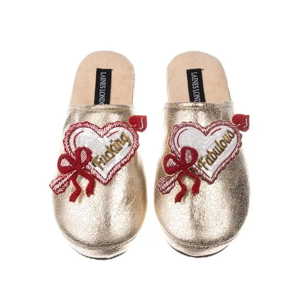 LAINES LONDON Softie Slippers With Fucking Fabulous Hearts Brooches - Gold