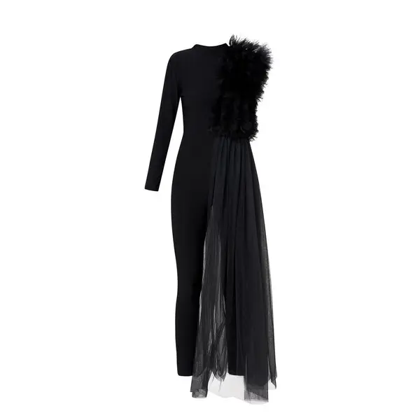 LIA ARAM Asymmetric Tulle Deconstructed Jumpsuit - Black
