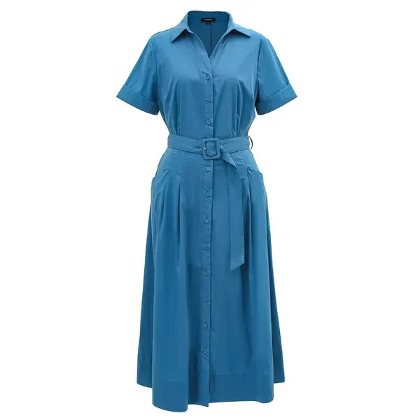 SMART AND JOY Flared Cotton Shirt Dress - Blue