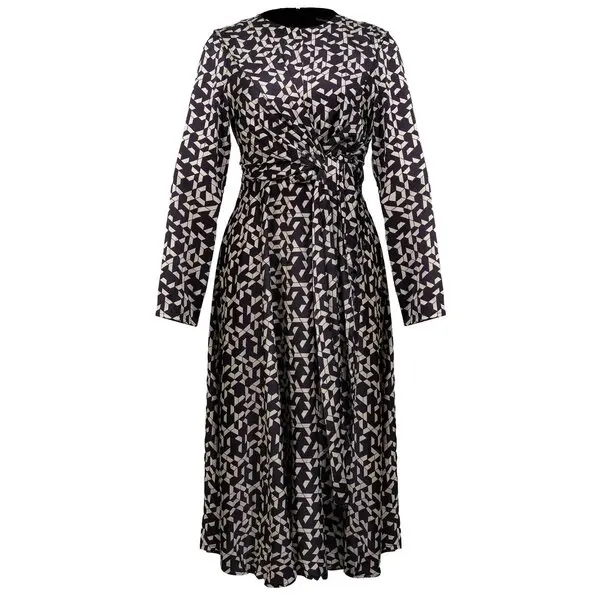 SMART AND JOY Flared Printed Satin Dress With Side Knotted Panel And White - Blue