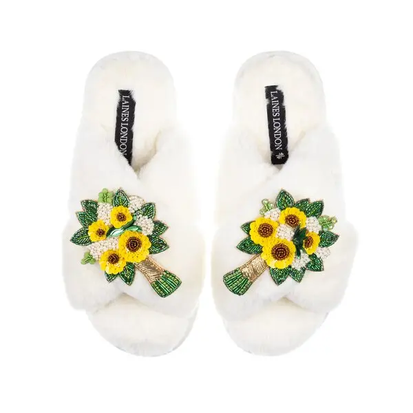 LAINES LONDON Neutrals Classic Laines Slippers With Yellow Bouquet Brooches Cream - White
