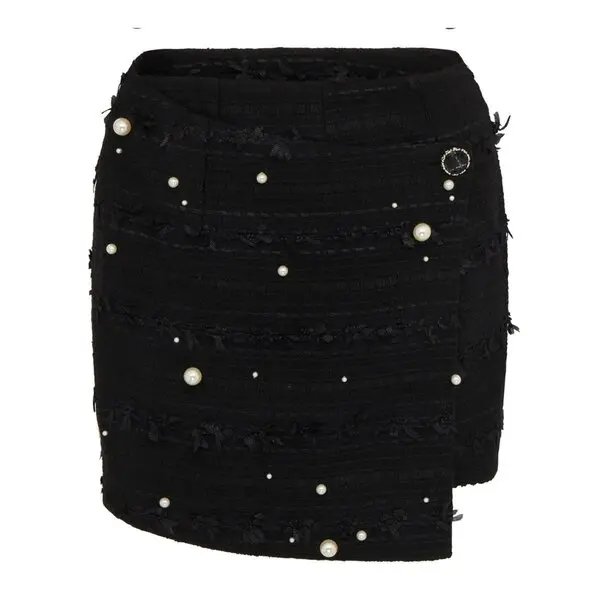 SOUR FIGS Faux Pearl-embellished Asymmetric Wrap Skort - Black