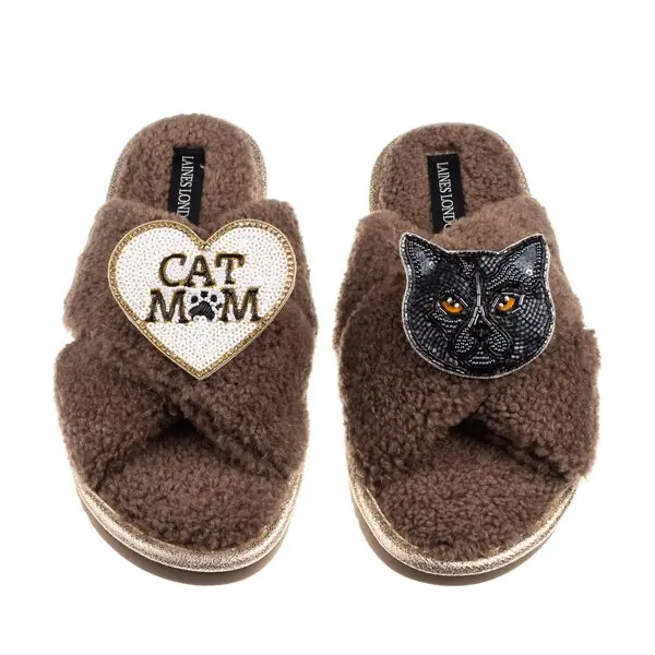 LAINES LONDON Neutrals Boucle Slippers With Cat Mum/mom & Black British Shorthair Brooches Mink - Brown