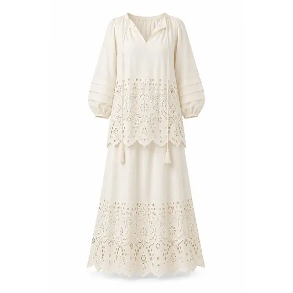 IZABELA MANDOIU Premium Ivory Cotton Broderie Anglaise Maxi Skirt & Tunic Set - Yellow