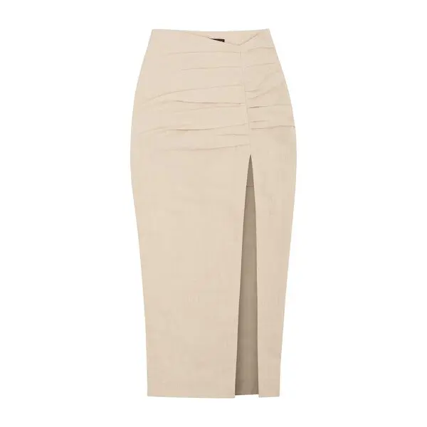 TIA DORRAINE Neutrals Asymmetrical Waistline Linen Midi Skirt - Beige