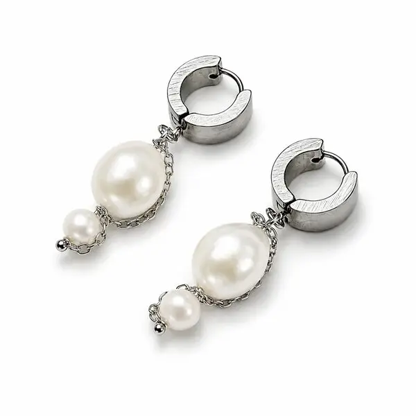 KIREI Pulse – Stainless Steel Hoop Earrings With Double Freshwater Pearl & Chain - Silver